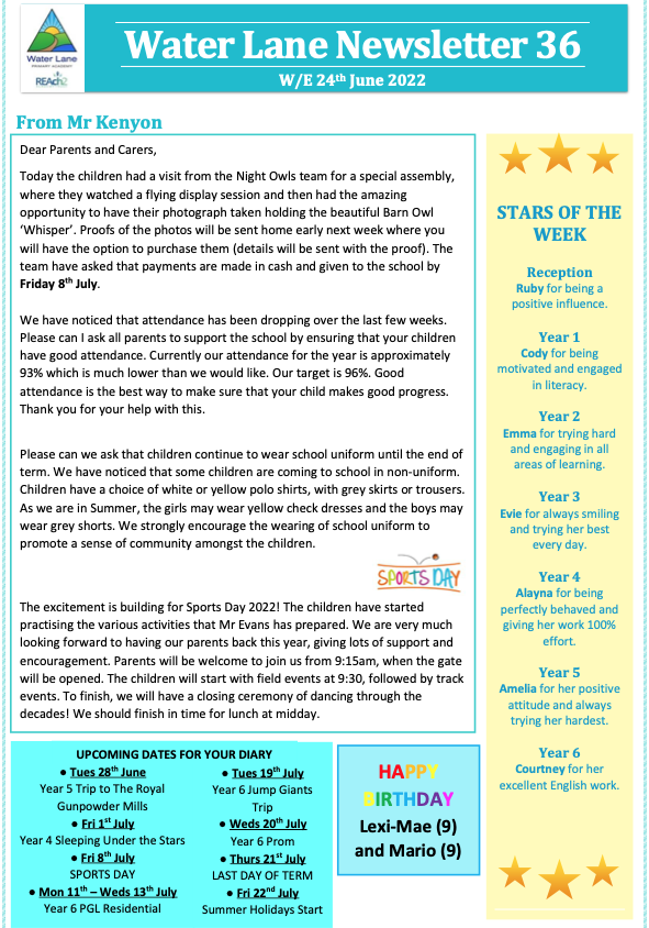 Water Lane Primary School Weekly Newsletter