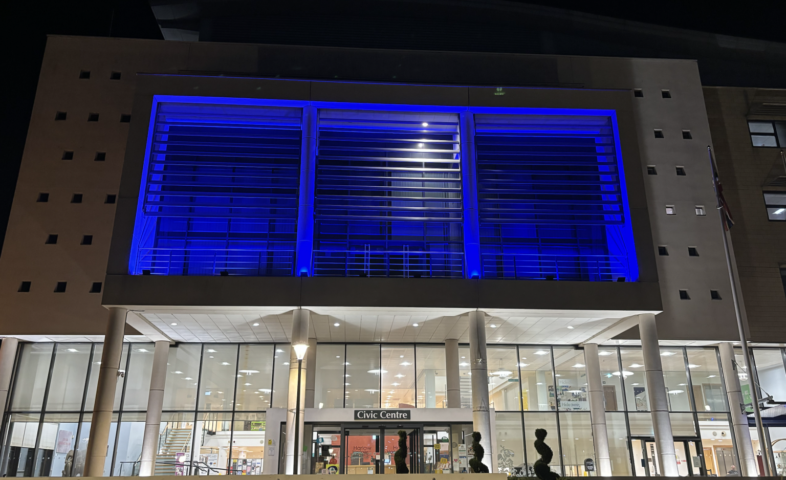 Harlow Council building lit up in the colours of Israel